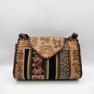 Crossbody Hand Carved Leather Purse With Andean Textile. Peruvian Hand ...