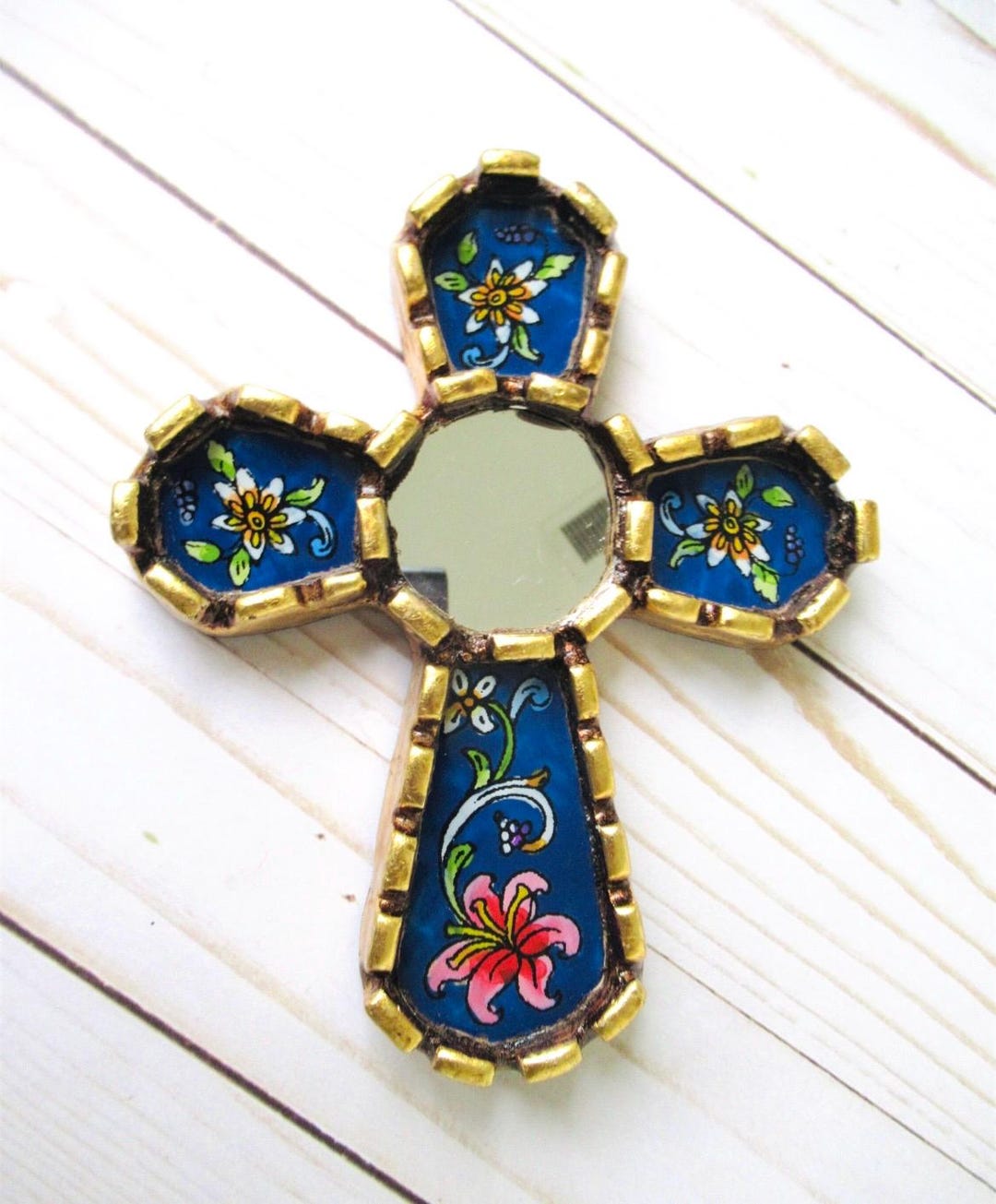 8 Inches Hand Crafted Cross Decorative Mirror/bronze Leaf Peruvian Art ...