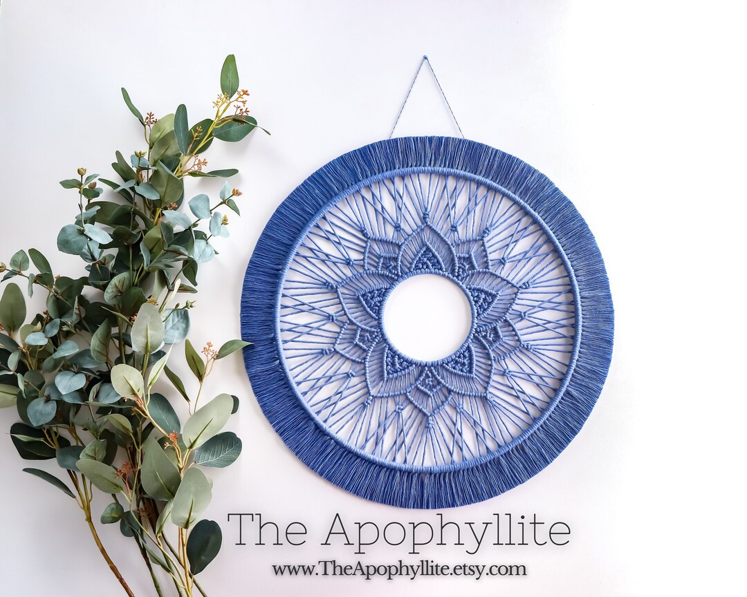 49cm Macrame Mandala Circle Blue Wall Hanging Handmade Modern Macrame ...
