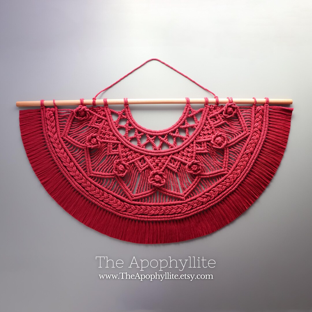 Macrame Wall Hanging 100cm, Burgundy Red Semicircle Half Mandala Design With Flowers, on Oak ...