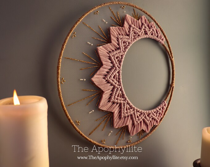 Pink Moon Macrame Wall Hanging With Gold and Pearls Embroidery, 40cm ...
