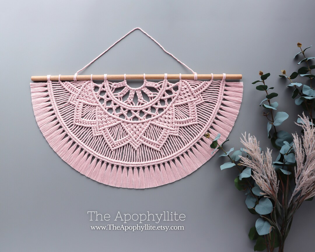 Macrame Wall Hanging Light Pink Cotton Semicircle Half Mandala Design on Dowel. Modern Boho ...