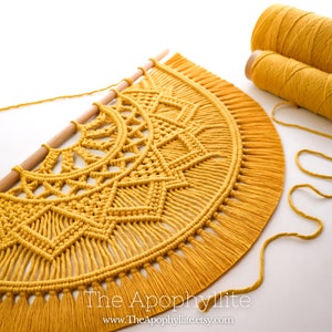 Mustard Macrame Wall Hanging, Semicircle Half Mandala Design Mustard Yellow Cotton, Oak Wood ...