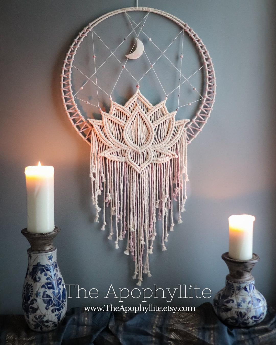 Macrame Lotus Moon Wall Hanging With Pink Zebra Jasper Beads. Modern ...