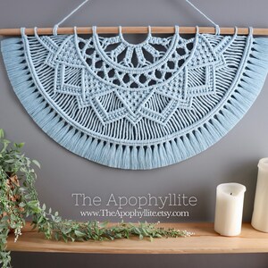 Light Blue Macrame Wall Hanging, Semi-circle Half-mandala Design on Oak ...