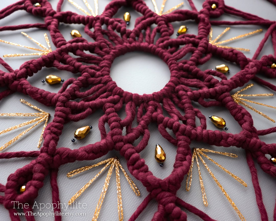 Red & Gold Macrame Mandala Wall Hanging With Embroidery. Burgundy ...