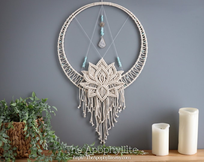Macrame Lotus Wall Hanging, Quartz Pendant & Amazonite Beads. Modern Macrame Unbleached Cotton ...