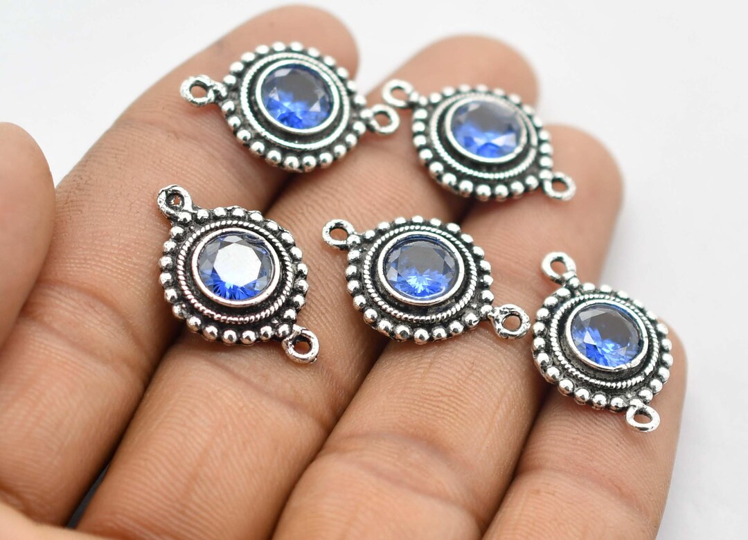 24x16mm Blue Sapphire Connector Antique Silver Plated ,bezel Pendent ...