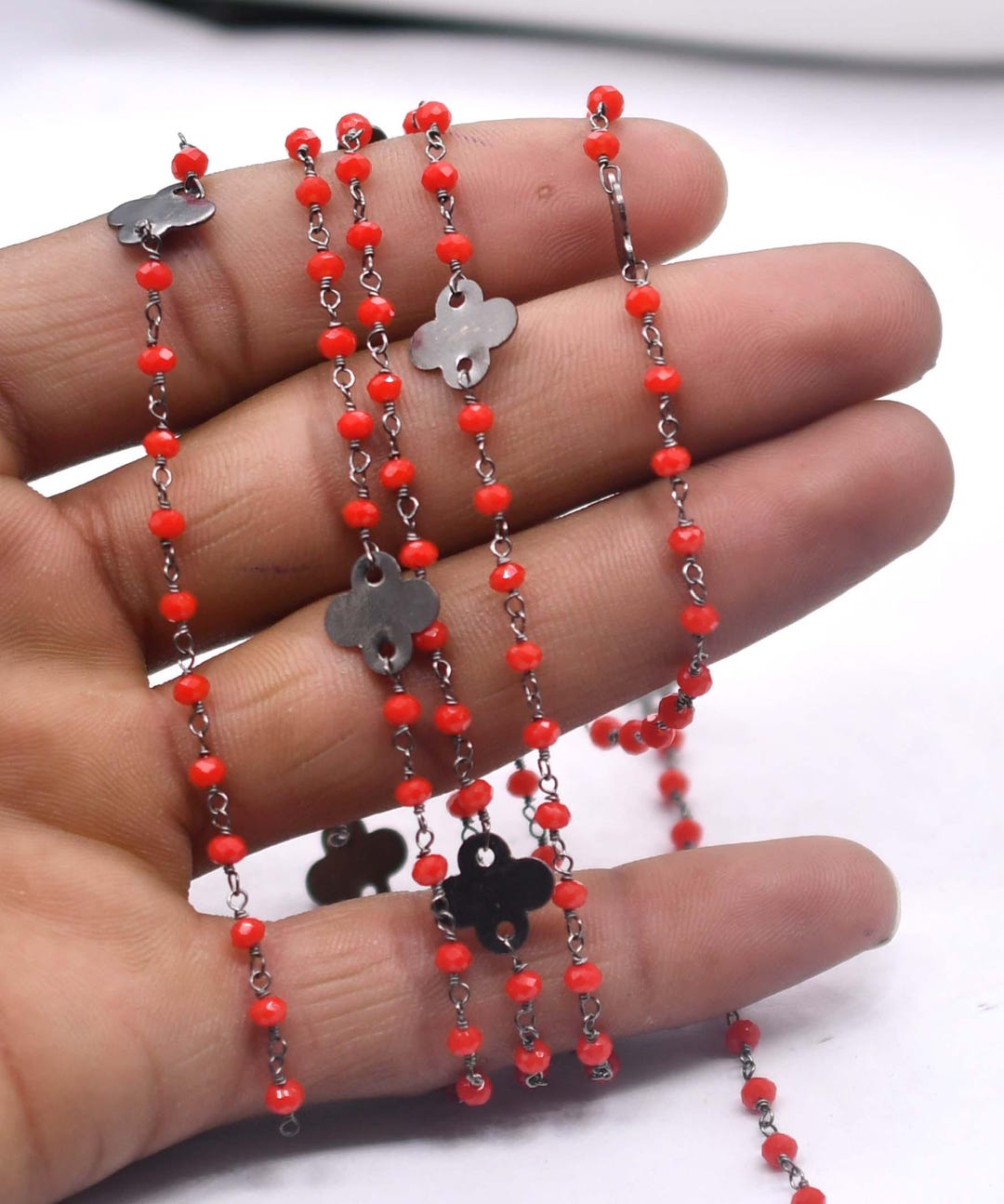 New Design Red Coral Cluster Rosary Chain, Black Gold Plated Wire ...