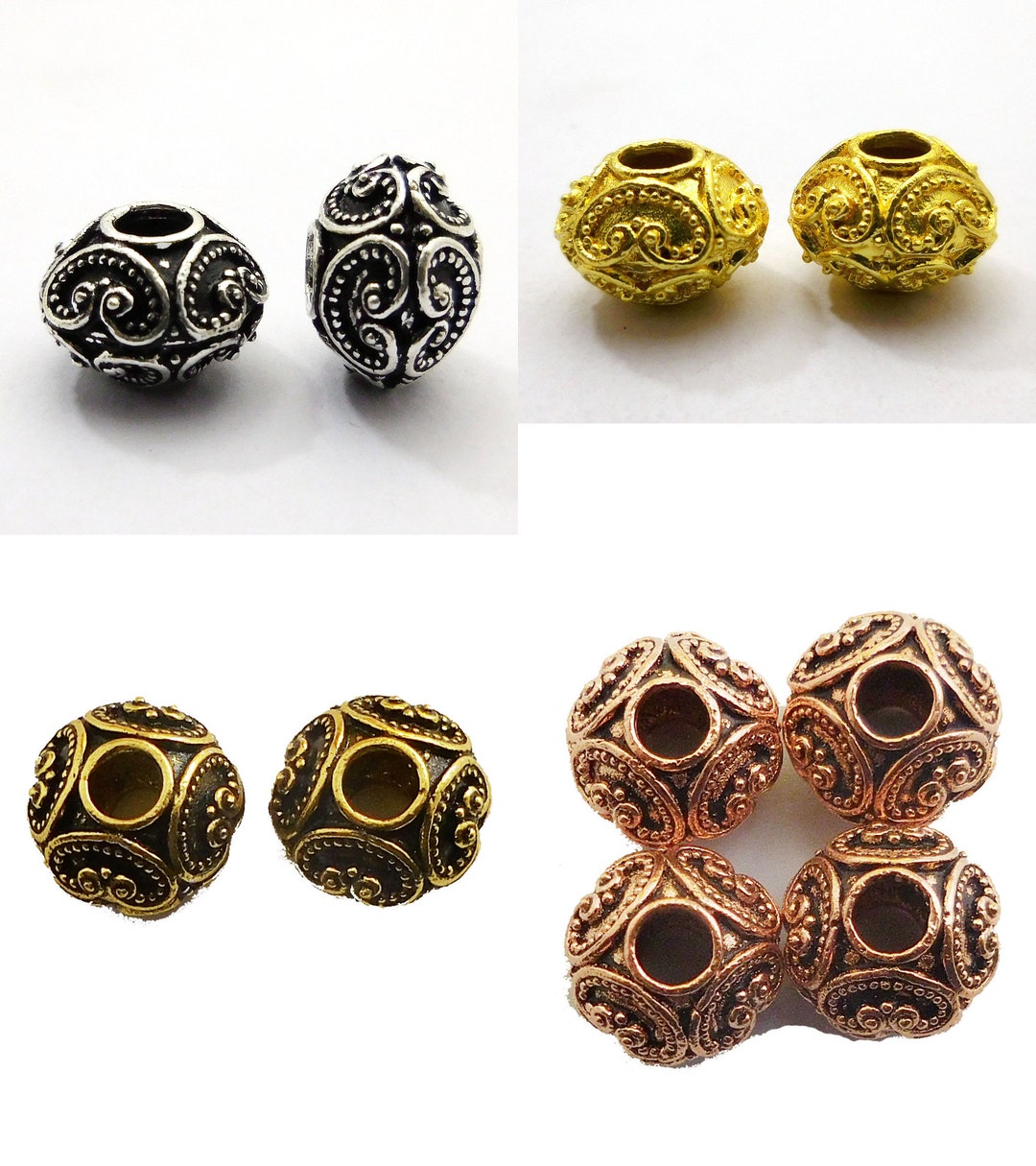 3 Pcs 14x10mm Solid Copper Bali Bead Antique Sterling Silver Plated 18k ...