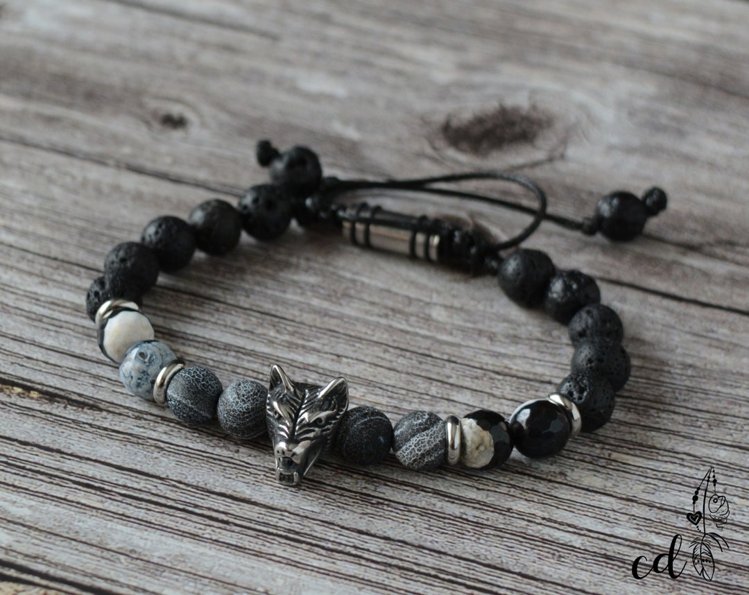 Men's Lava Stone Bracelet: Stainless Steel Wolf, Onyx, Agate - Etsy