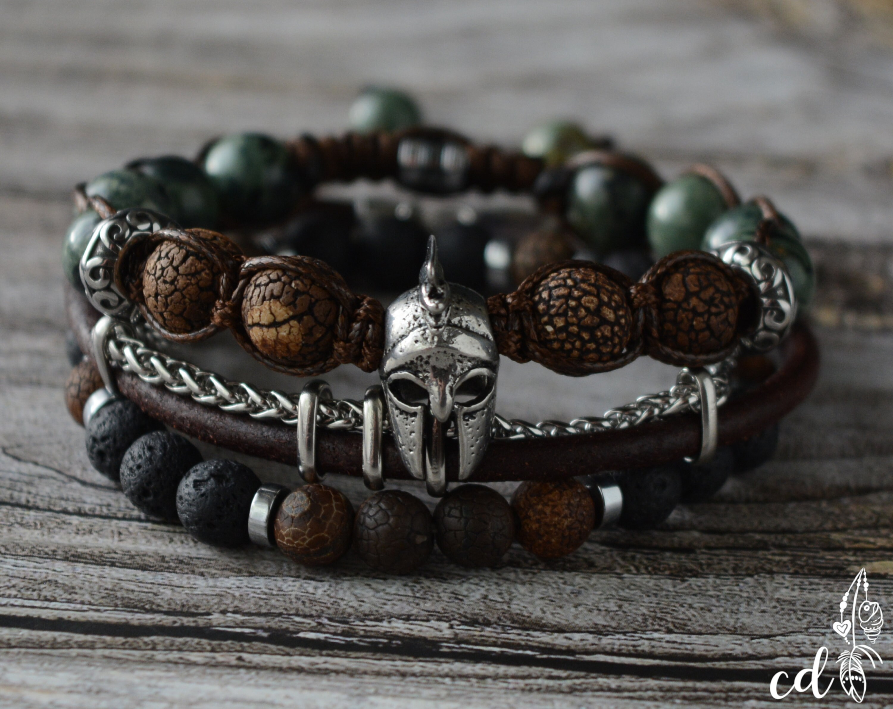 Knight Helmet Bracelet Set for Men With Crackle Agate Leather - Etsy ...