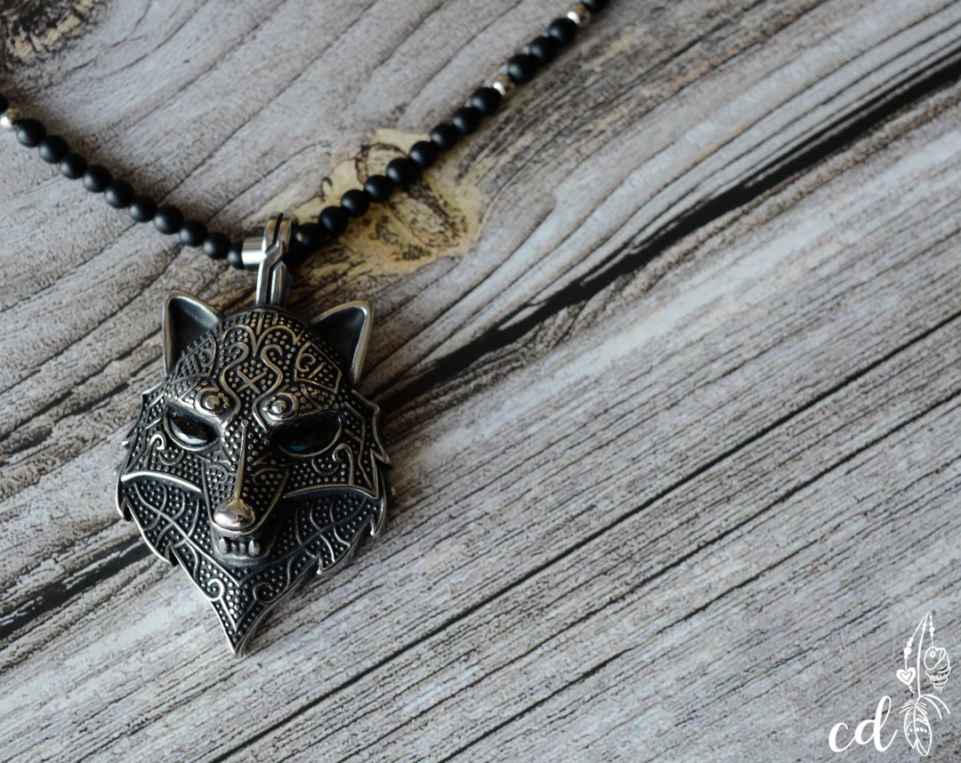 Stainless Steel Wolf Necklace for Men. Choose Your Cord! Steel, Onyx or ...