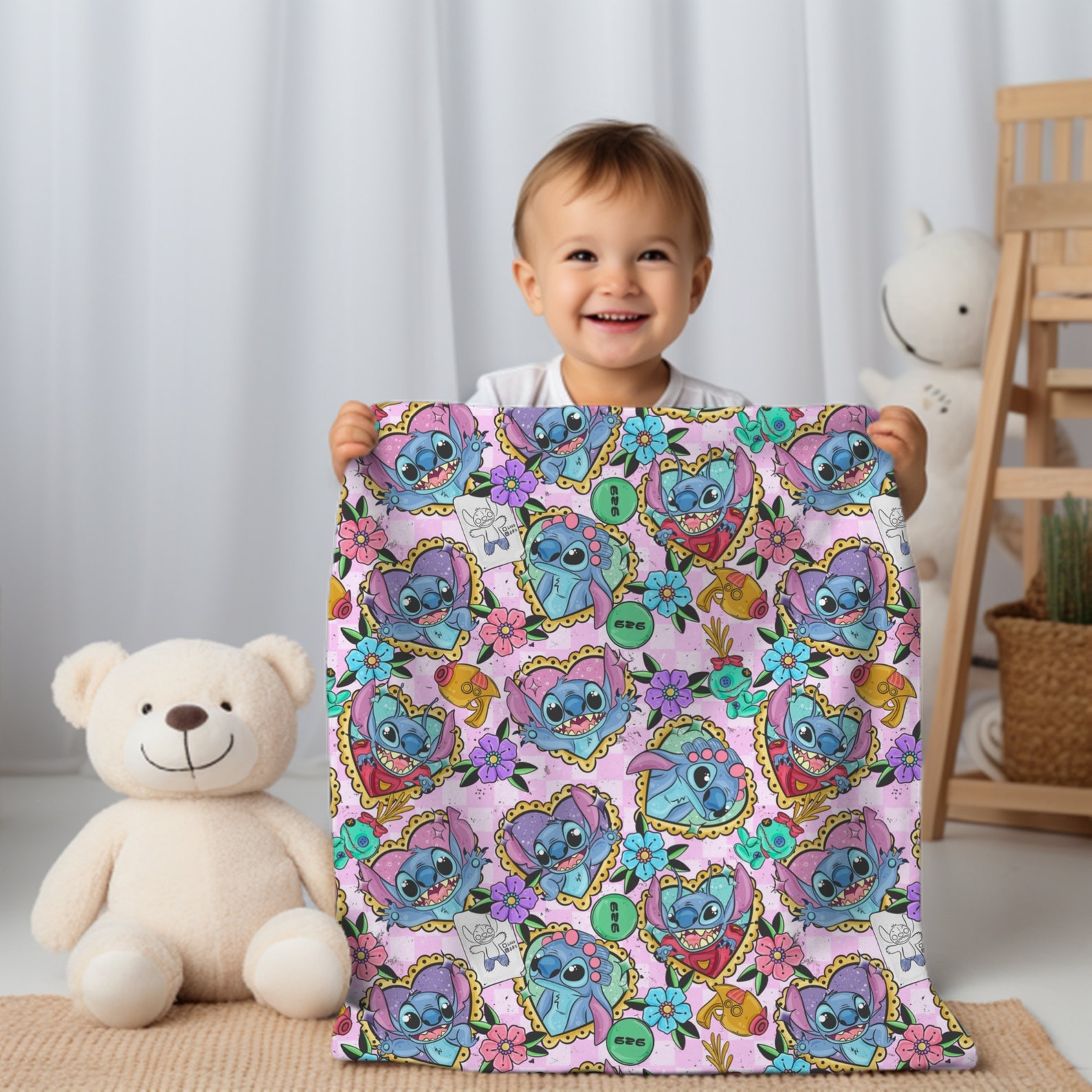 Pink Checkered Alien Hearts Velveteen Minky Blanket, Baby Girl Minky ...