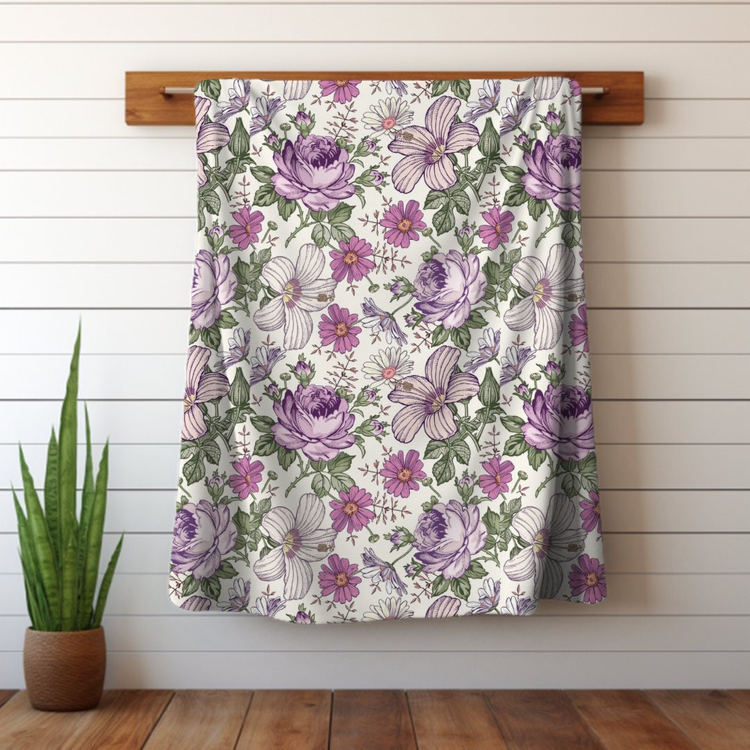 Purple Rose Hibiscus Vintage Floral Velveteen Minky Blanket, Baby Girl ...