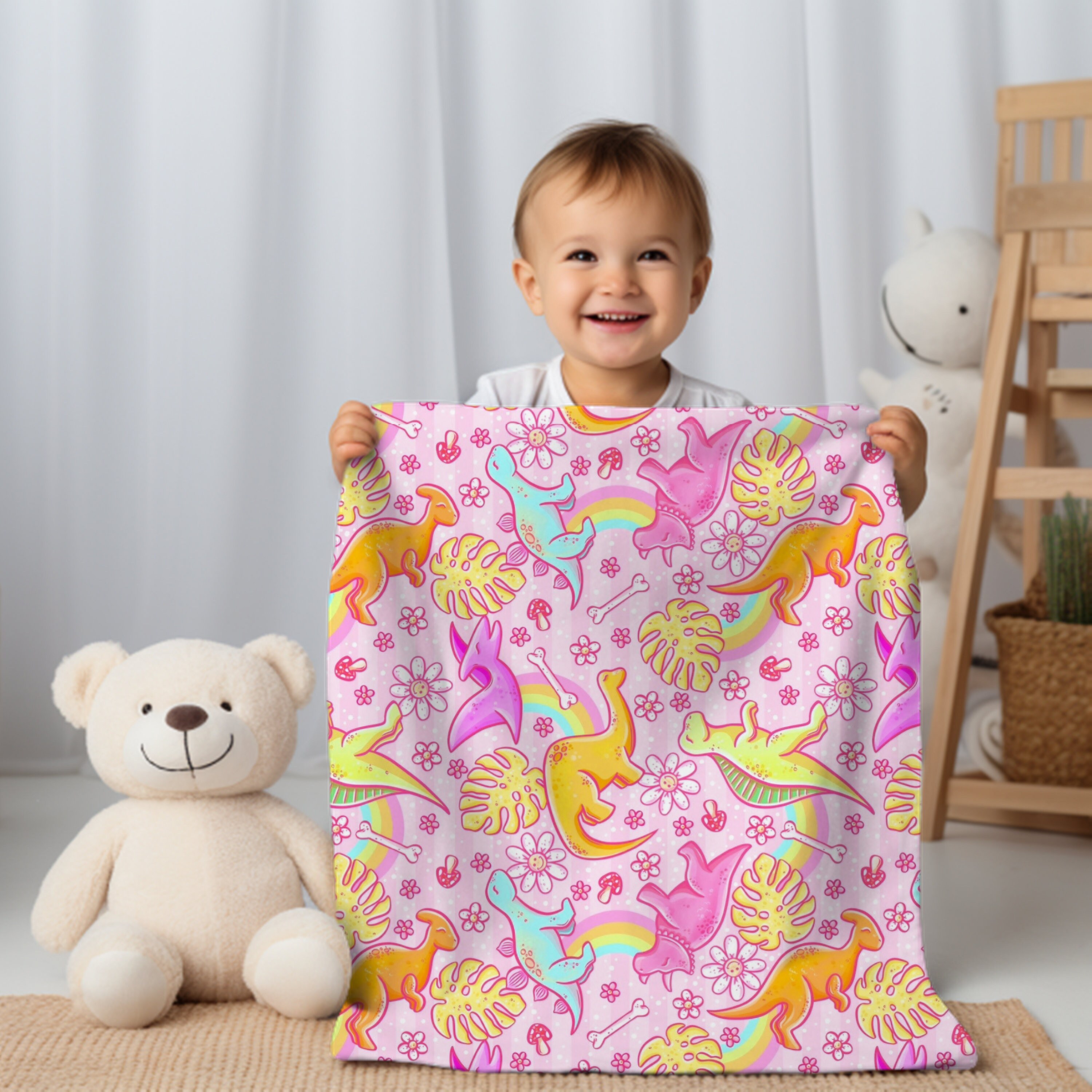 Dinos on Pink Stripes Velveteen Minky Blanket, Baby Girl Minky Blanket ...
