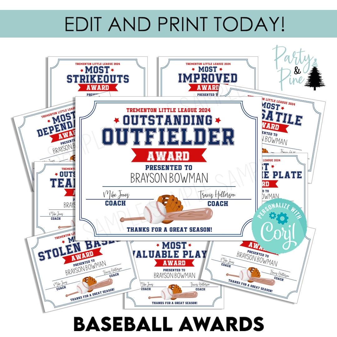Baseball Awards Template End of Season Certificate Printable EDITABLE ...