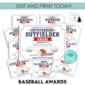 Baseball Awards Template End of Season Certificate Printable EDITABLE ...