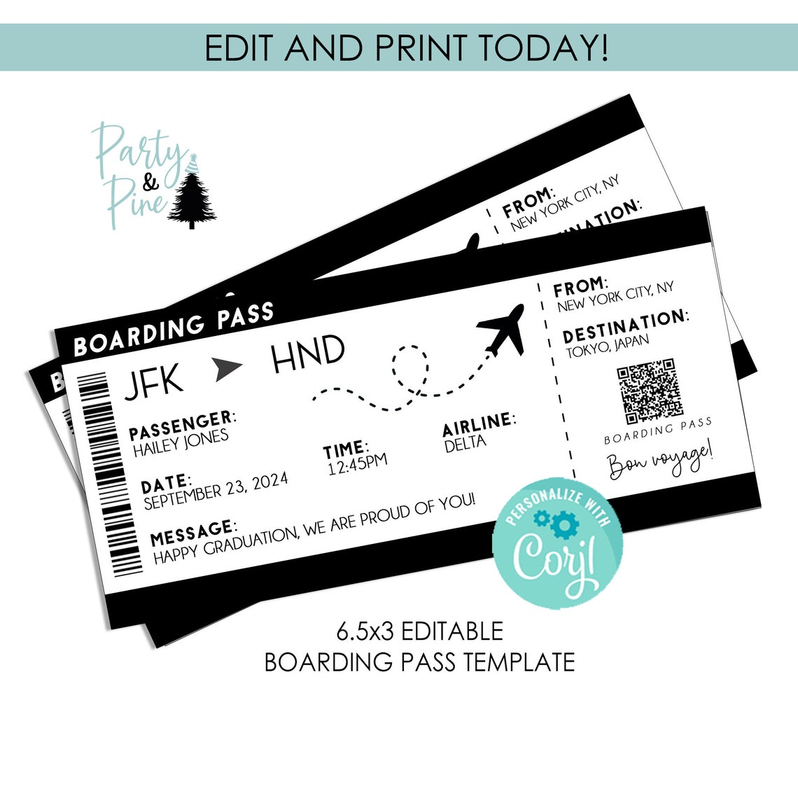 Editable Boarding Pass Template, Black Plane Ticket Gift Surprise Trip ...