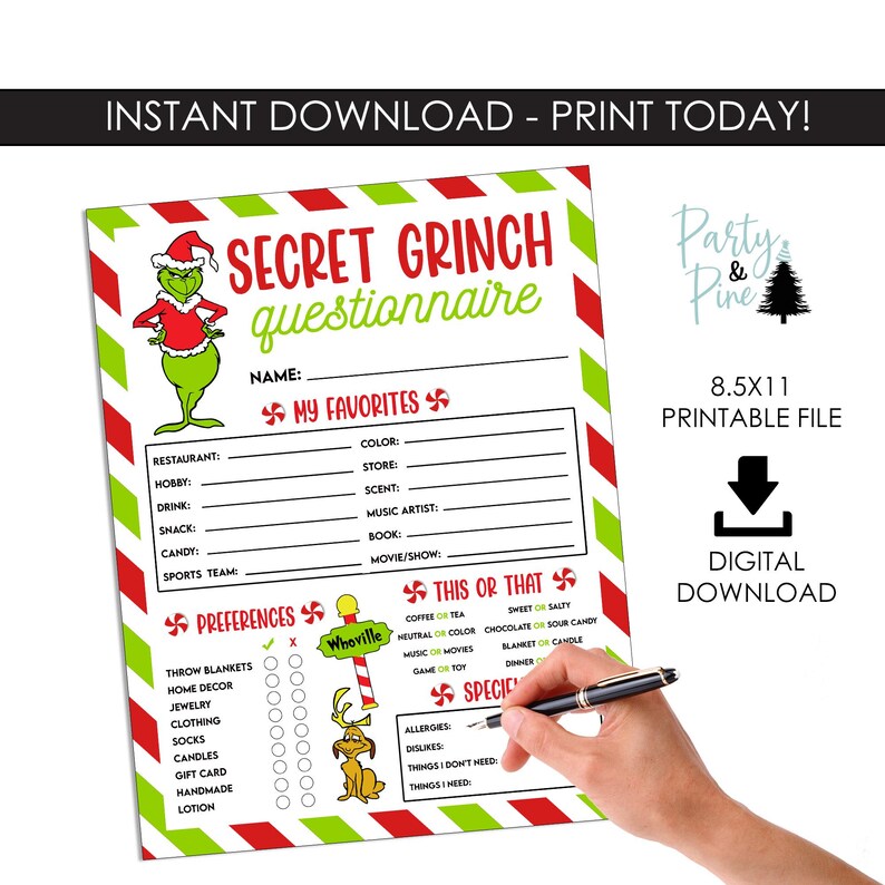 Secret Santa Grinch Questionnaire Digital Print Instant Download 8.5x11 ...