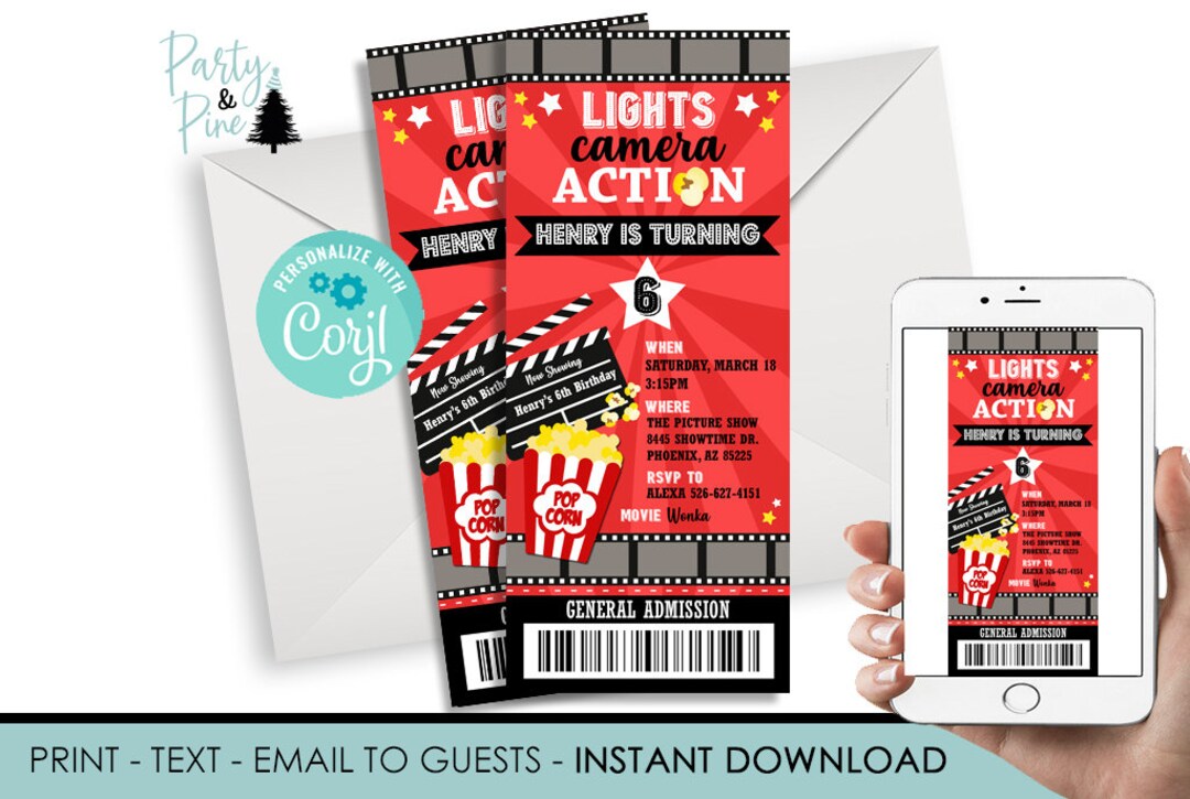 Editable Movie Birthday Invitation Ticket Invite Movies Night Digital ...