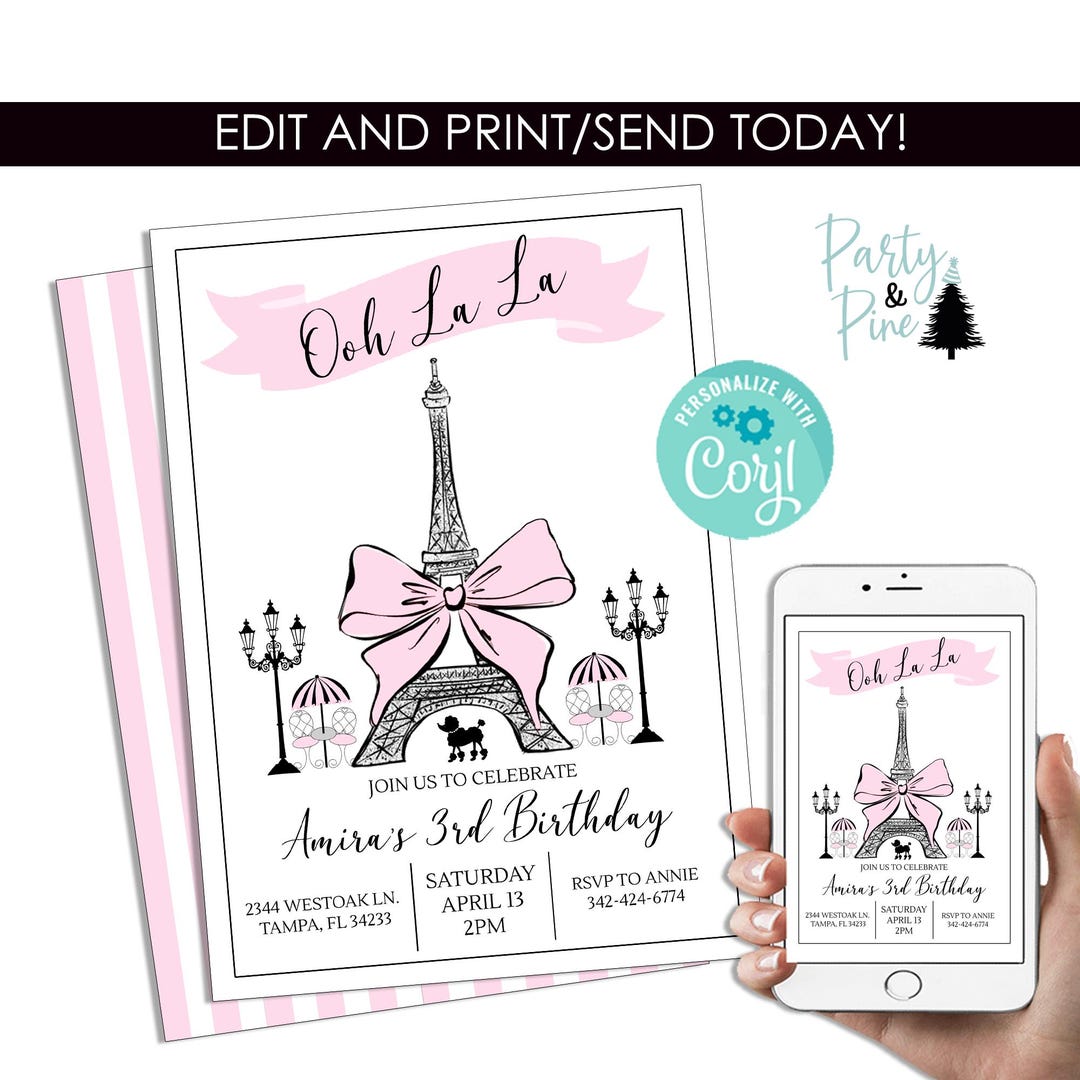 Editable Paris Coquette Birthday Invite Invitation Digital 5x7 Pink ...