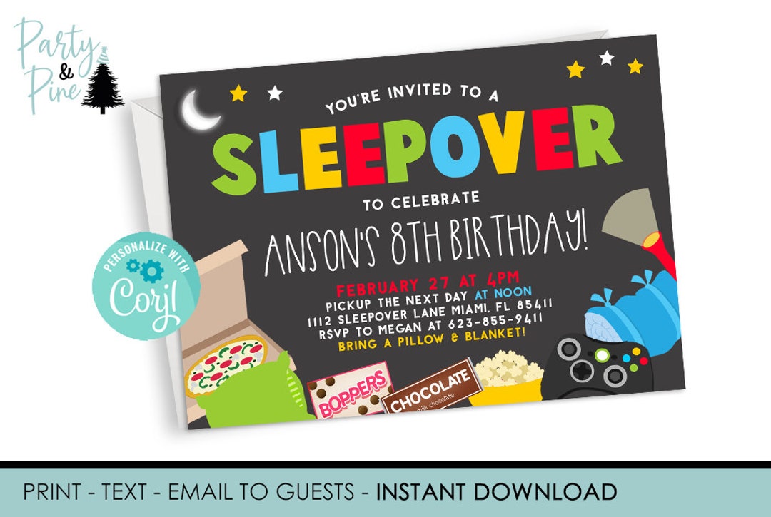 Editable Boys Sleepover Invite Invitation Birthday Slumber Party 7x5 ...