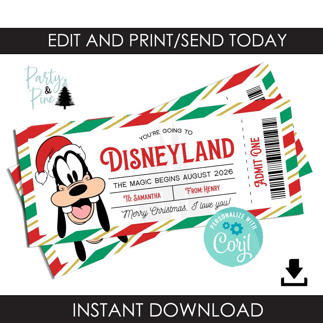 Editable Christmas Disneyland Ticket Gift Reveal Goofy Surprise Digital ...