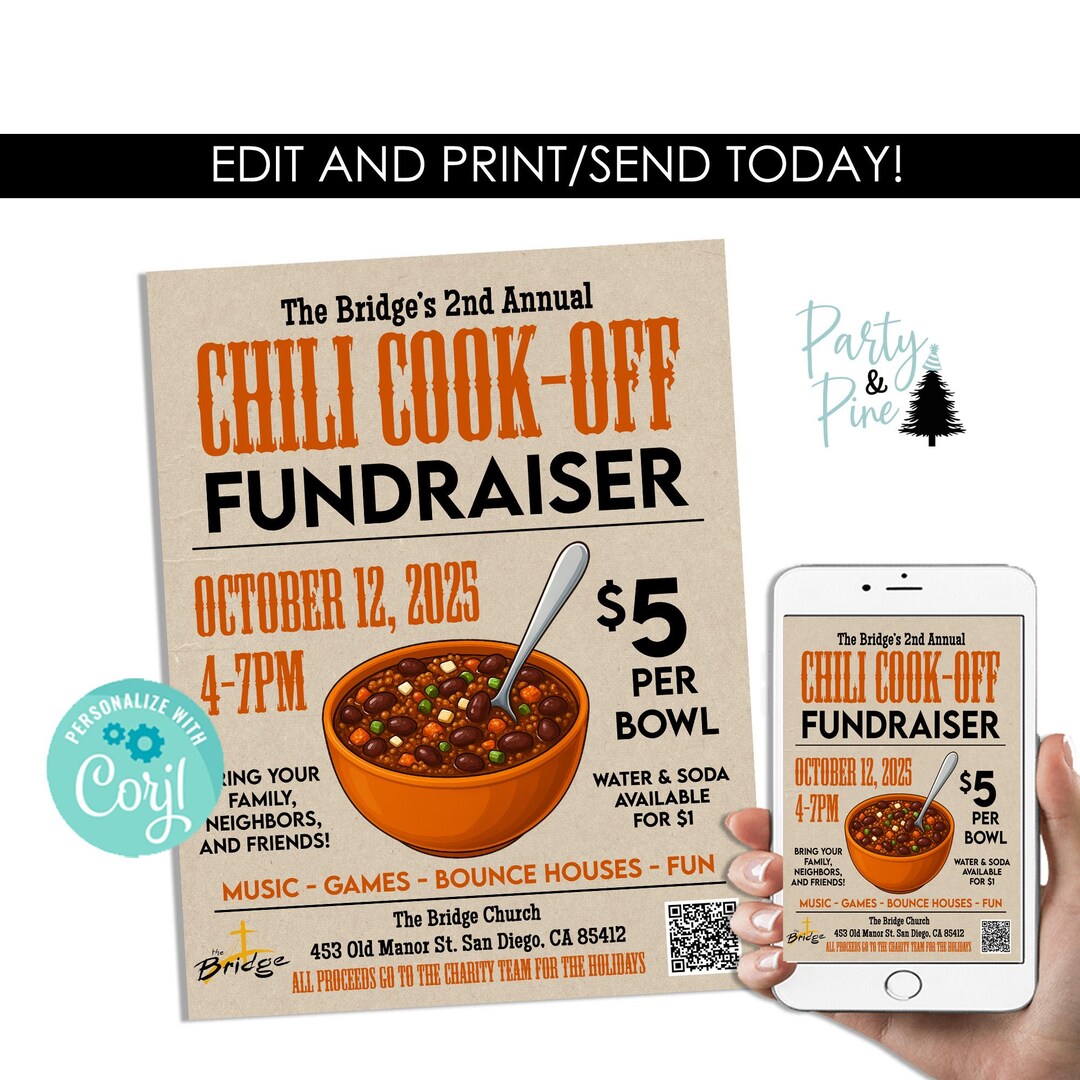 Editable Chili Cook off Fundraiser Fall Template Flyer Digital 8.5x11 ...