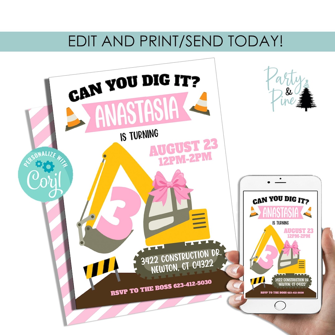 Editable Construction Girls Invitation Invite Birthday Party Excavator ...