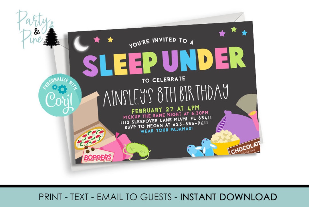 Editable Sleep Under Birthday Invitation Invite Digital 7x5 Colorful ...