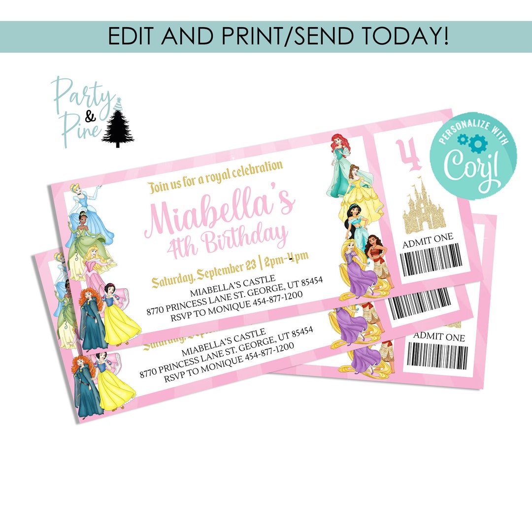 Editable Princess Ticket Birthday Invitation Invite Digital 7x3 ...