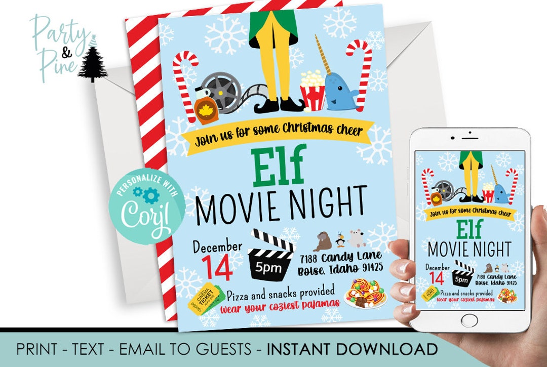 Editable Elf Movie Night Invitation Digital 5x7 Christmas Party Event ...