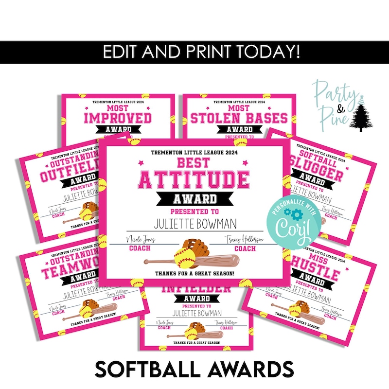 Softball Award Template - Etsy