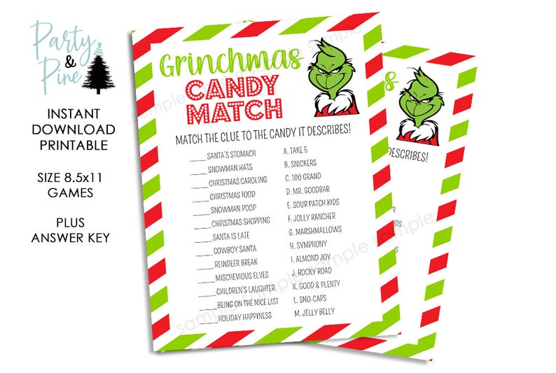 Christmas Game Grinch Candy Match 8.5x11 Digital Printable Instant ...
