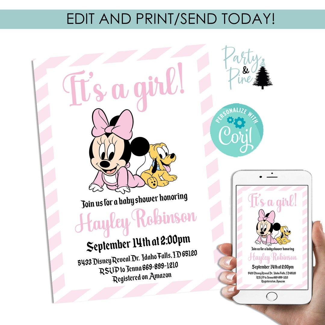 Editable Minnie Mouse Baby Shower Invitation Invite Pink Digital 5x7 ...