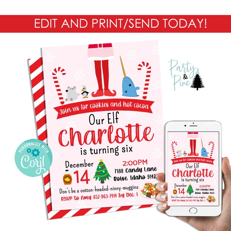 Editable Elf Jovie Birthday Invitation Buddy Movie Invite Template ...