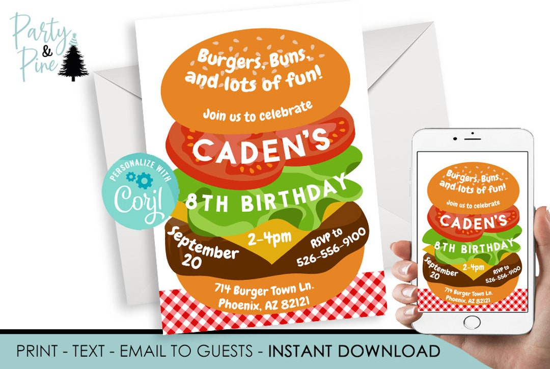 Editable Cheeseburger Invite Burger Invitation Birthday Party BBQ ...