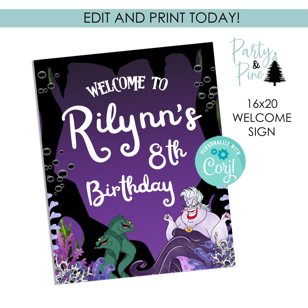 Ursula Birthday Welcome Sign 16x20 Editable Template Sea Witch Instant ...