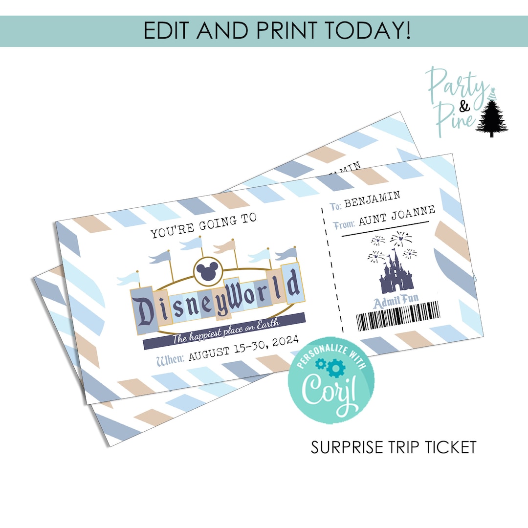 Editable Printable Disneyworld Gift Reveal Ticket Surprise Certificate ...