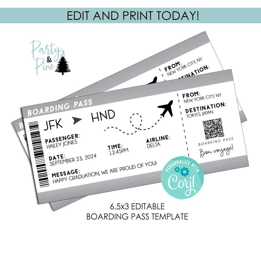 Editable Boarding Pass Template, Silver Plane Ticket Gift Surprise Trip ...
