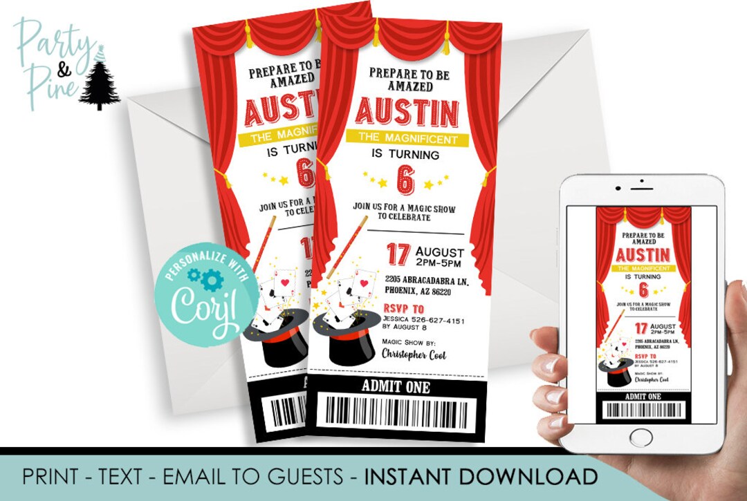 Editable Magic Show Invitation Birthday Invite Ticket Kids Party ...