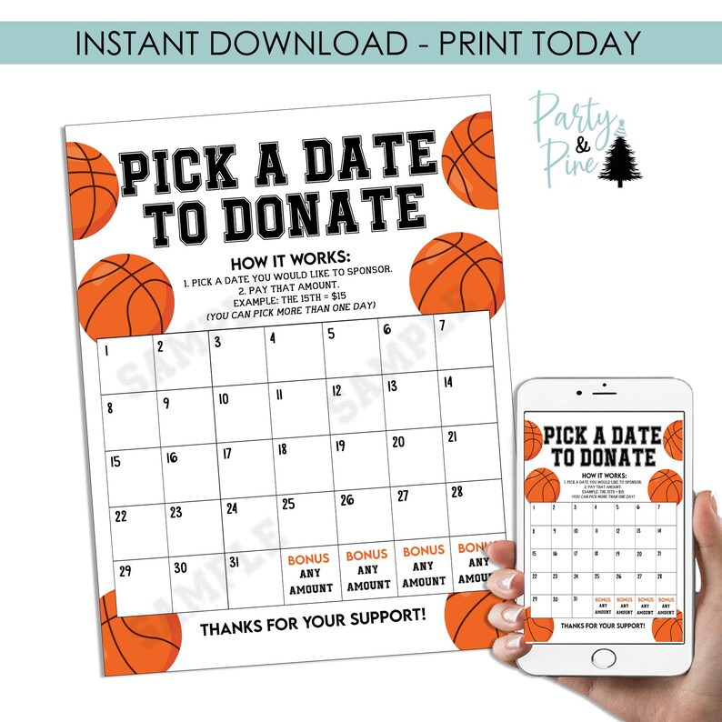Basketball Pick a Date to Donate Fundraiser Flyer Sign Printable 8.5x11 ...