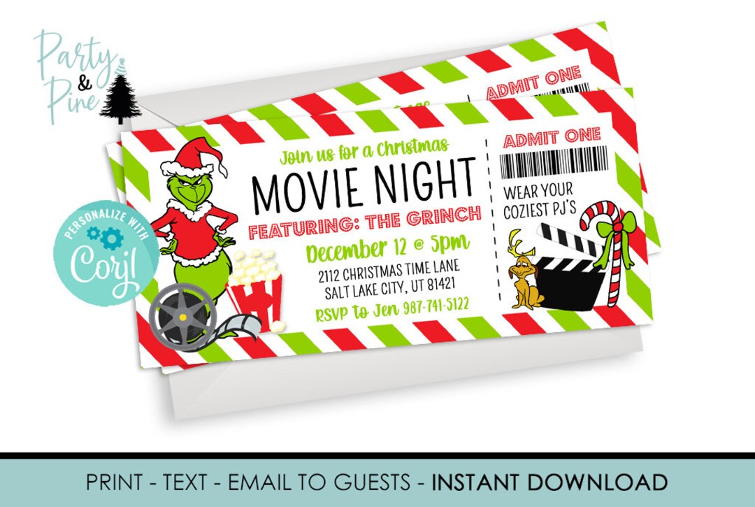 Editable Christmas Movie Night Ticket Grinch Invite Digital Invitation ...