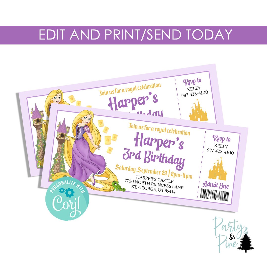 Editable Rapunzel Ticket Birthday Invitation Tangled Invite Digital 7x3 ...
