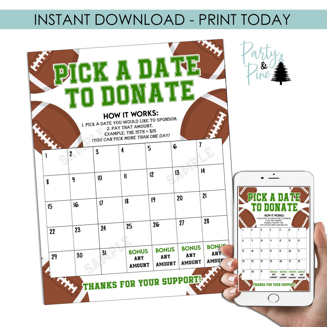 Football Pick a Date to Donate Fundraiser Calendar Sports Team Green ...