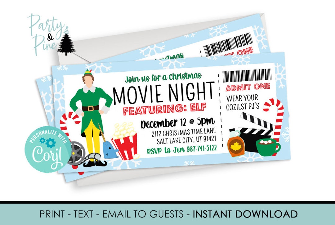 Editable Buddy Elf Christmas Movie Night Ticket Invitation Digital 6 ...