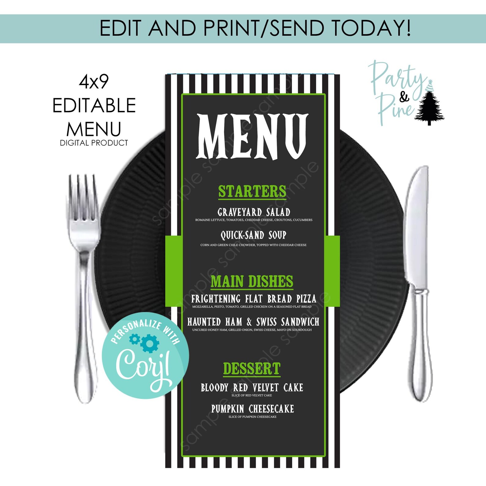 Editable Green Beetle Dinner Menu Template Digital 4x9 Instant Download ...