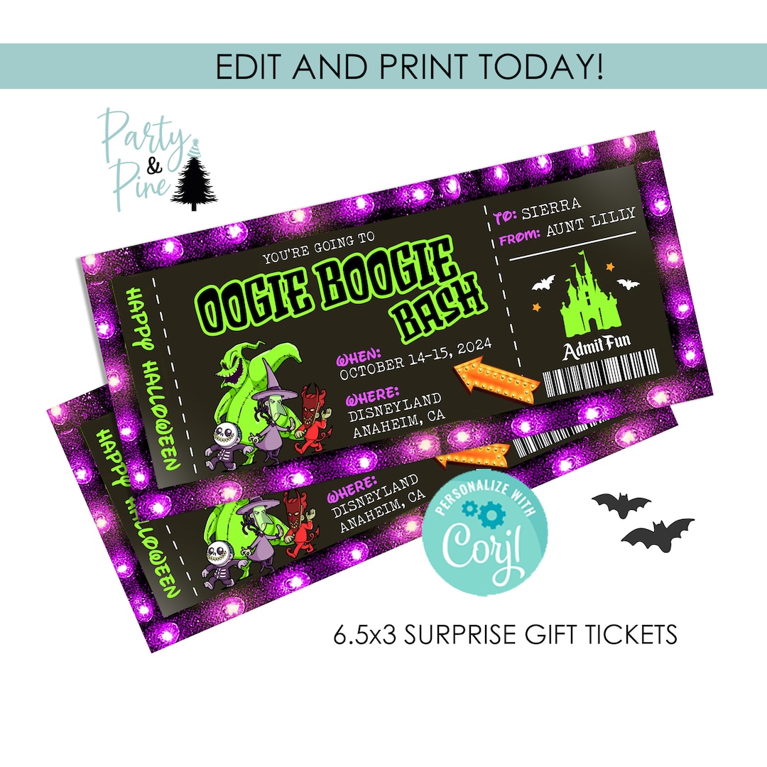 Editable Oogie Boogie Bash Ticket Gift Reveal Surprise Trip Halloween ...