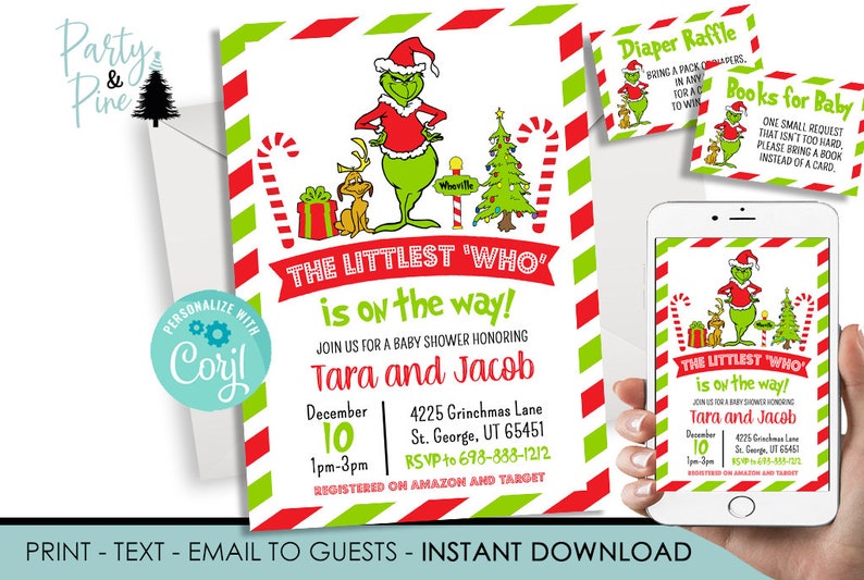 Editable Grinch Baby Shower Invite Invitation Digital 5x7 Holiday ...